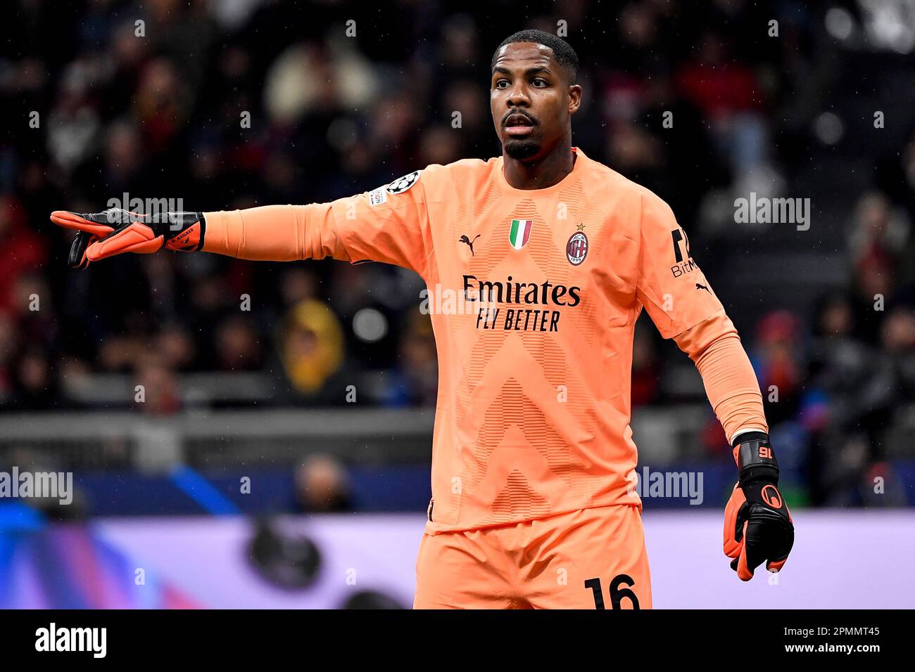 Mike Maignan of AC Milan gestures during the Champions League football ...