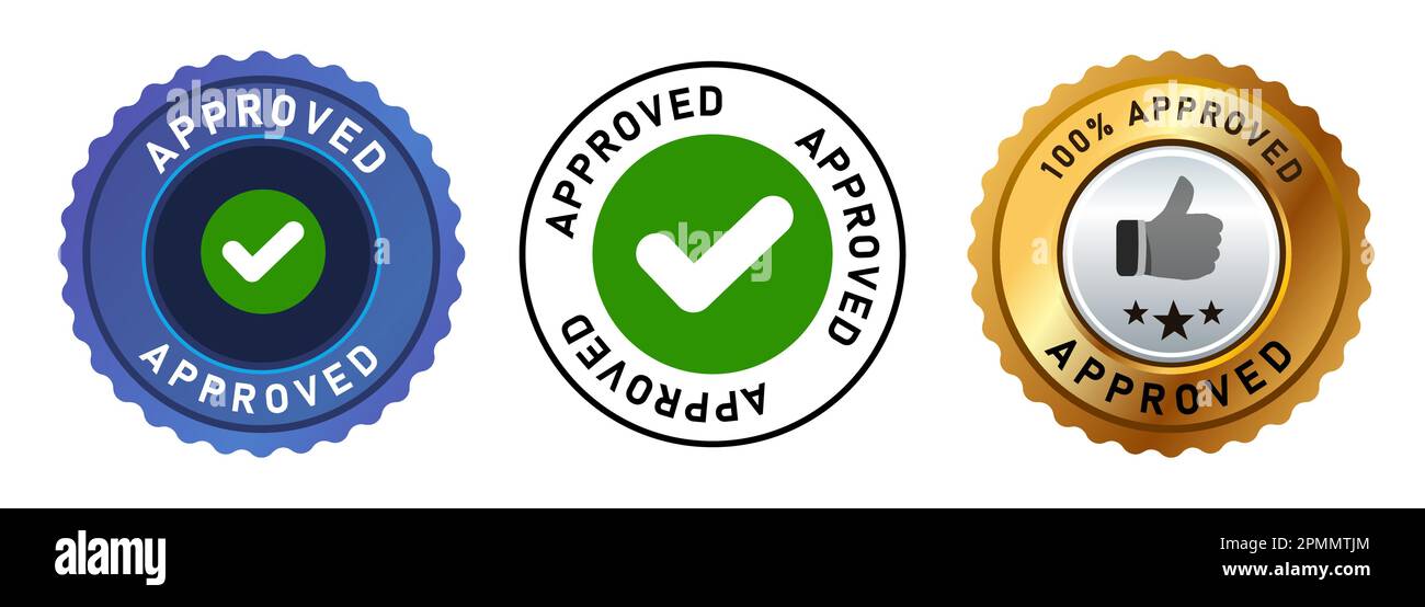 Accepted quality control check mark emblem sticker label round in gold ...