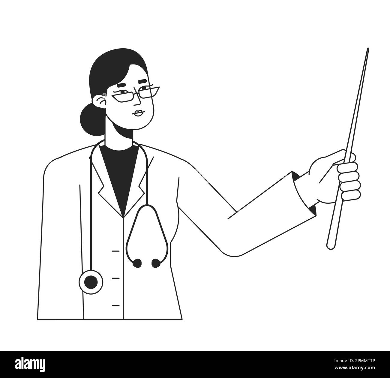 Professional doctor holding pointer stick flat line black white vector ...