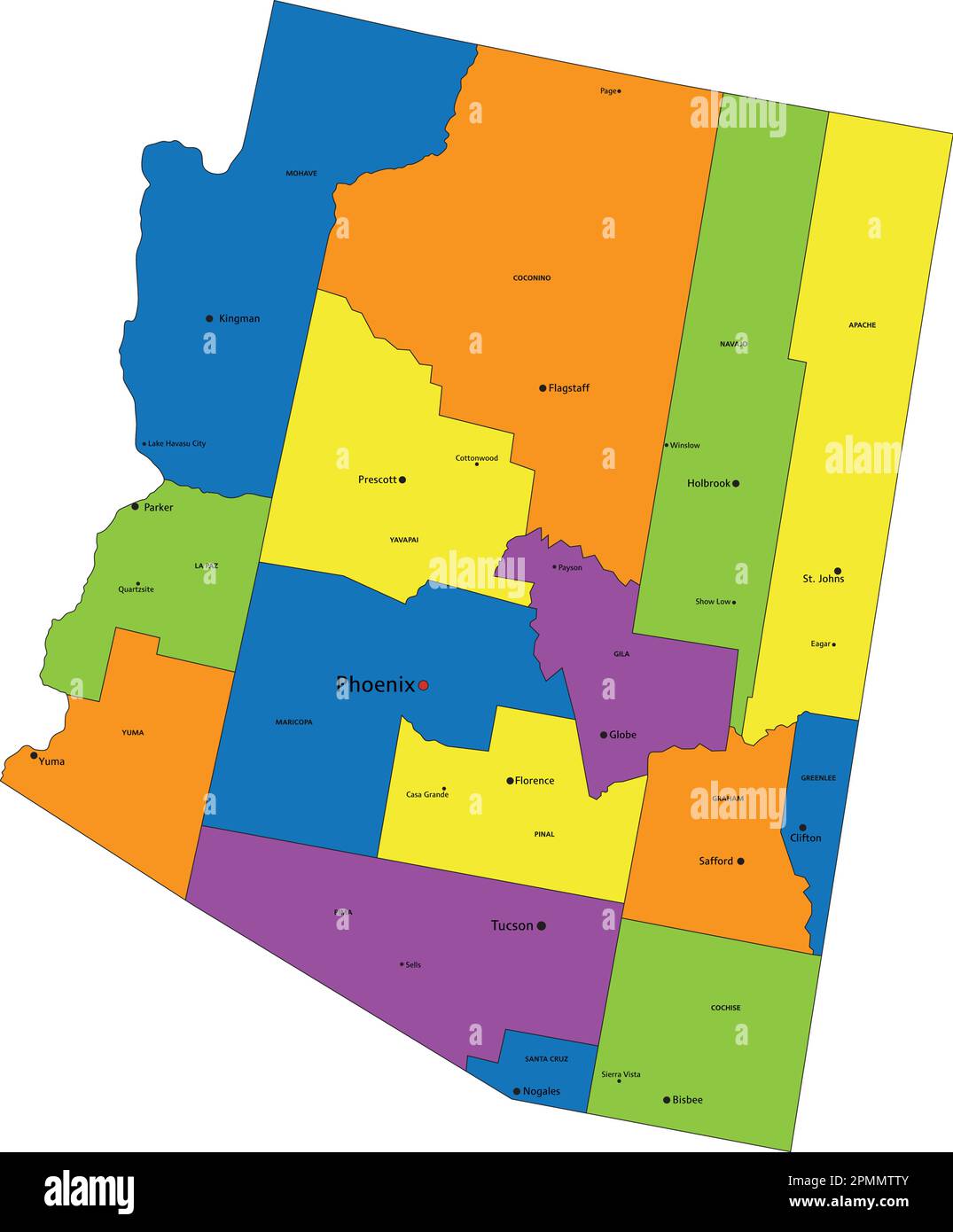 Colorful Arizona political map with clearly labeled, separated layers ...