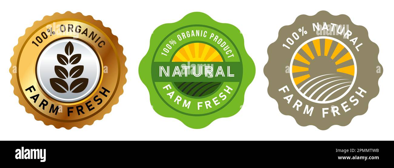 Farm fresh natural round badge stamp label sticker design green gold ...
