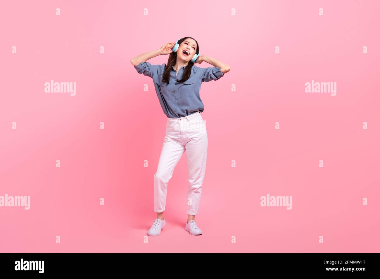 Full body size photo of worker girl listen music earphones dancing ...