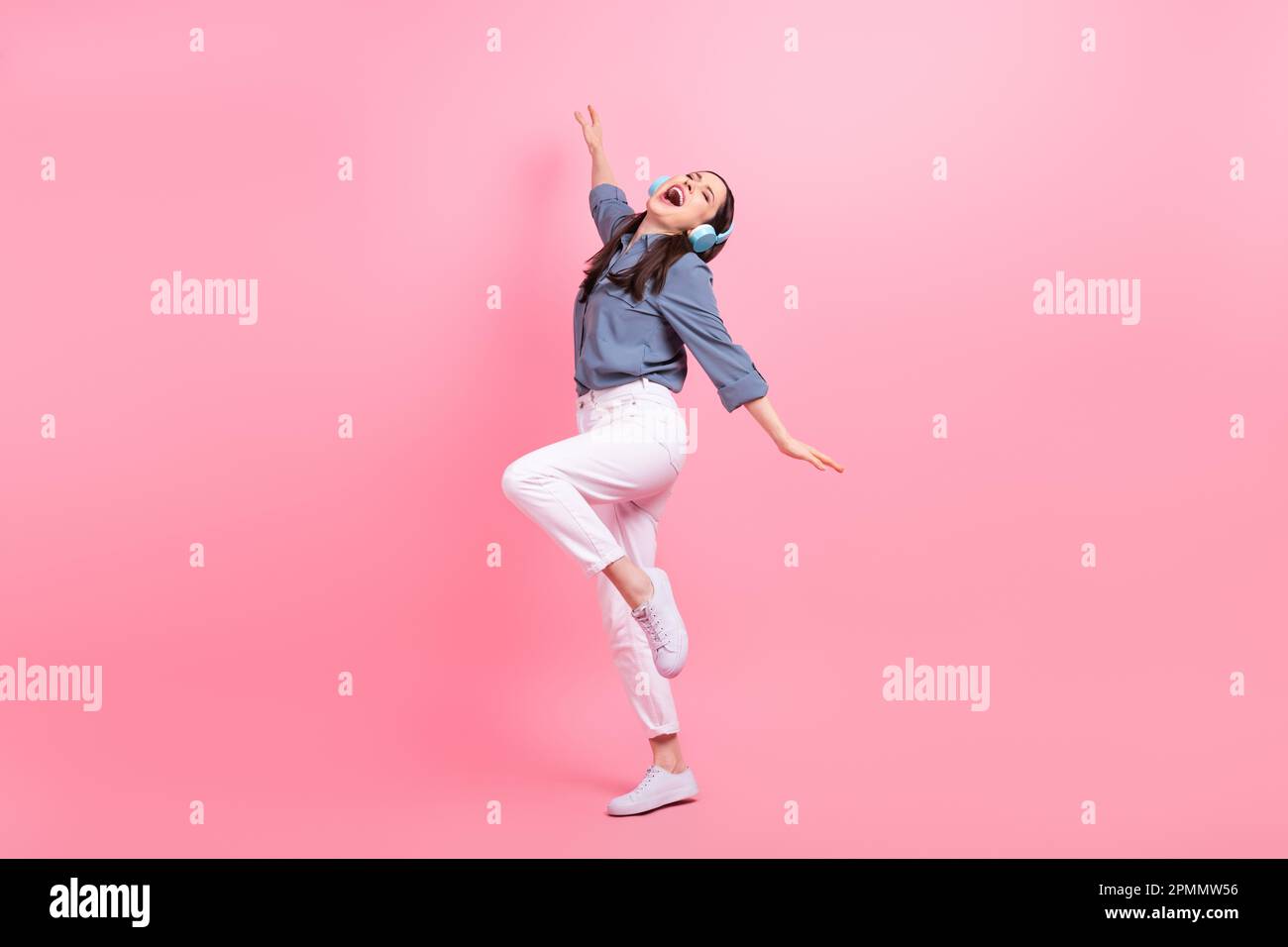 Full body photo of meloman girl dancing weekend enjoy listen loud music have fun wireless ...