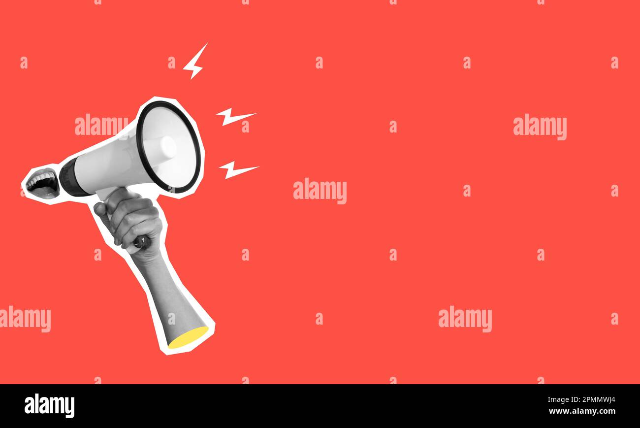 Collage of contemporary art. Creative design. Megaphone on red ...