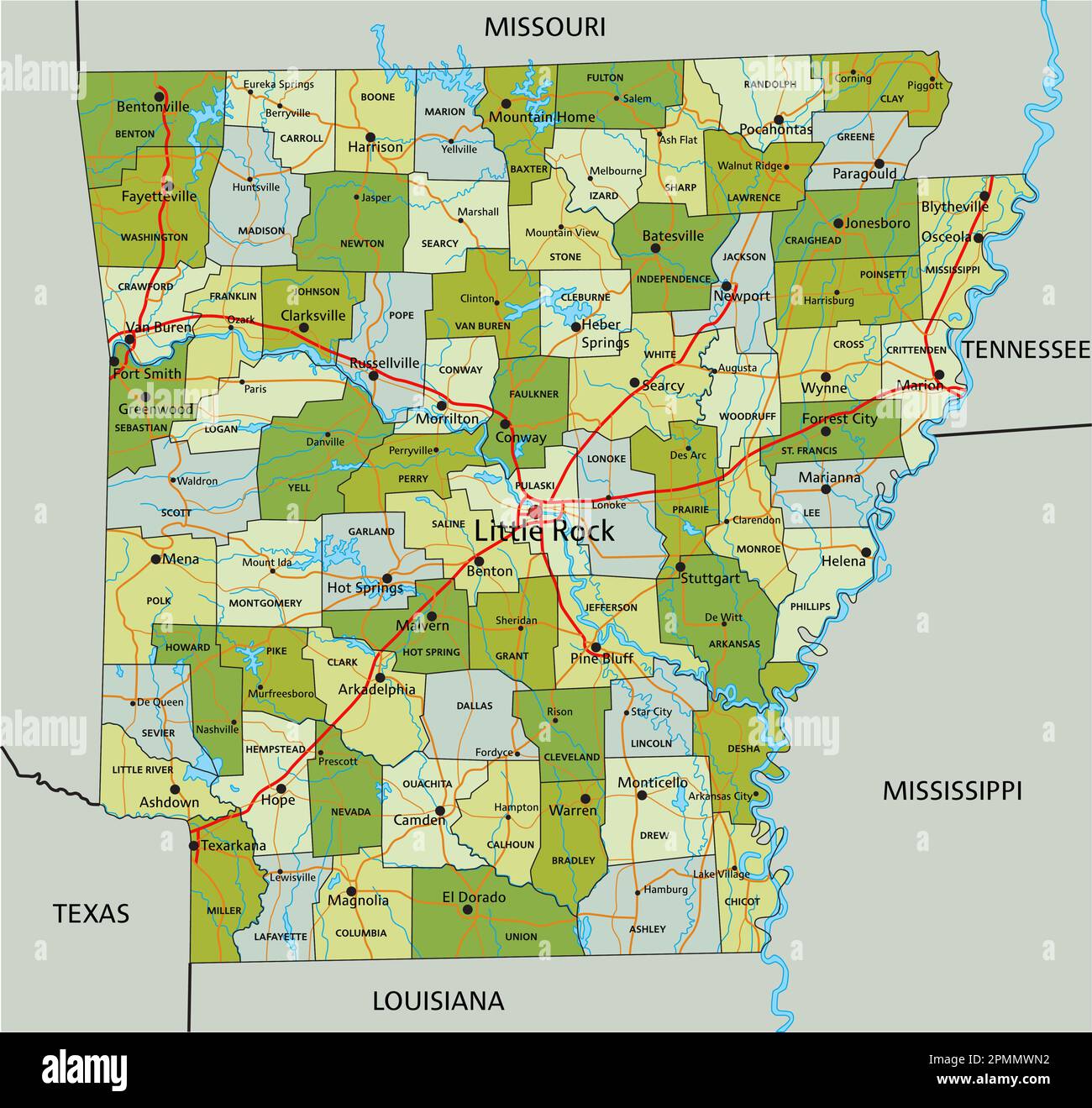 Highly detailed editable political map with separated layers. Arkansas ...