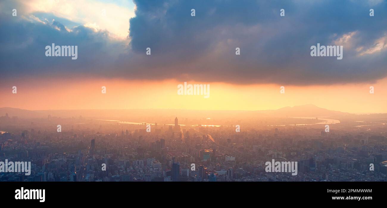View from above, stunning view of the Taipei City skyline illuminated ...
