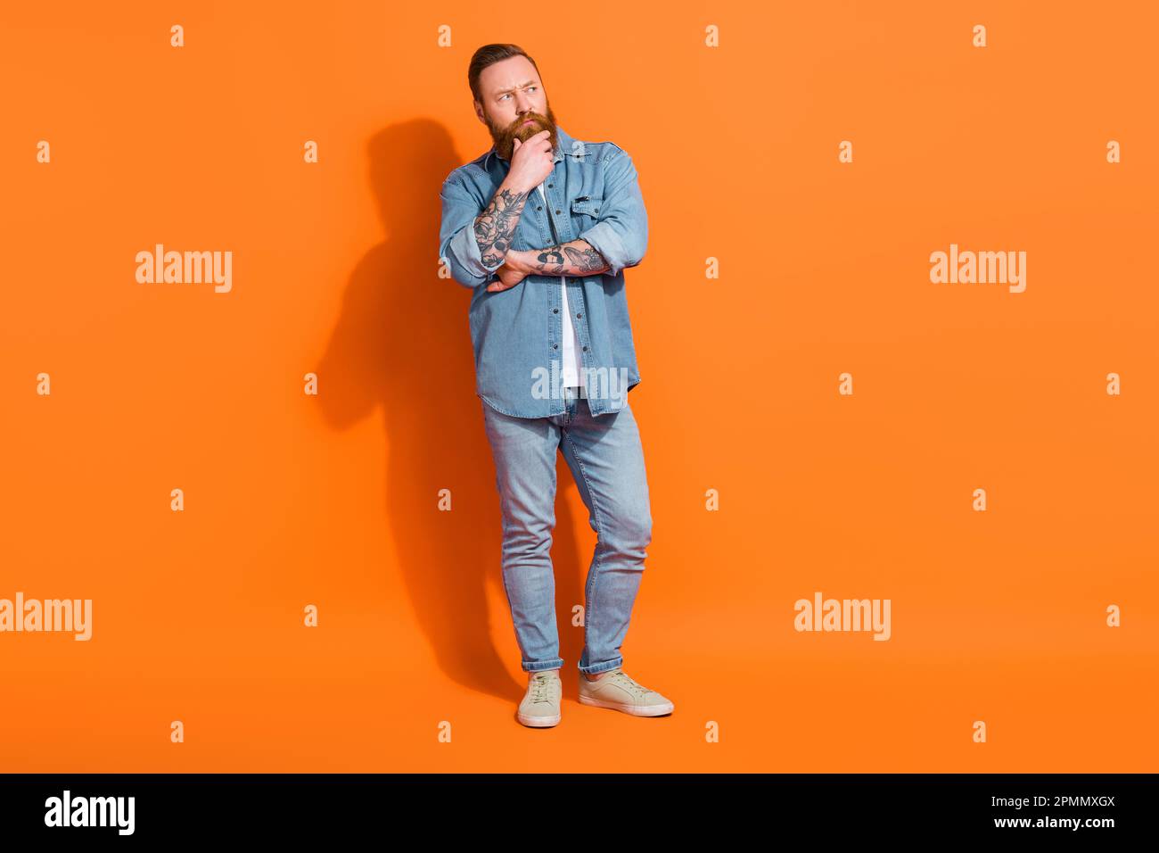 Hmm interesting question. Photo of worker guy thinking look empty space ...