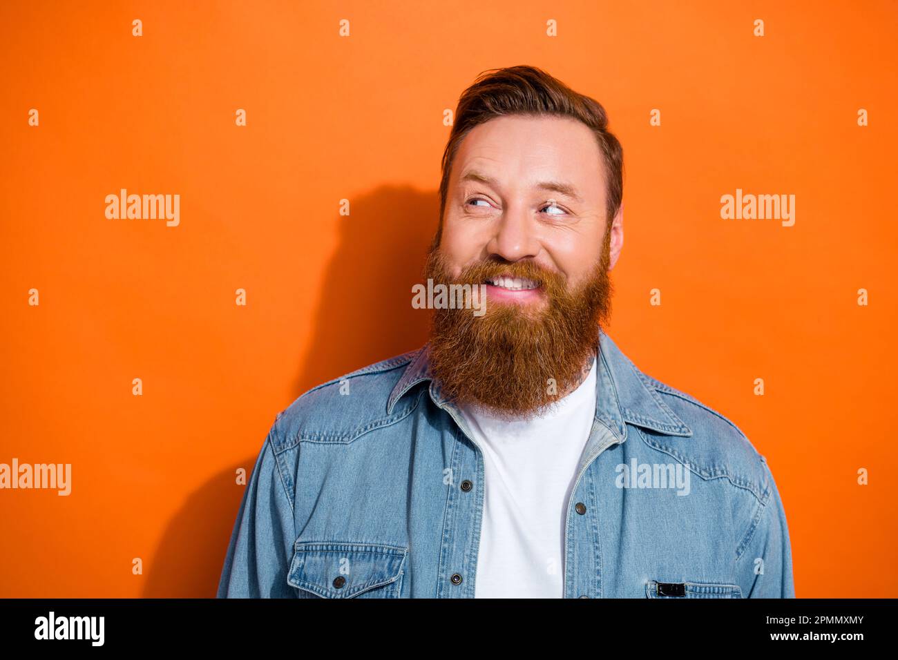 Closeup photo of optimistic young irish guy redhair smiling look empty ...