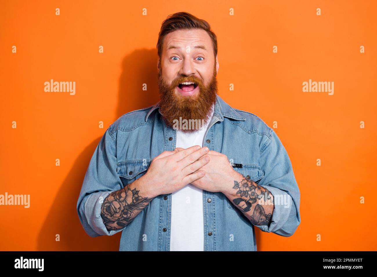 Portrait of impressed positive person arm touch chest open mouth ...