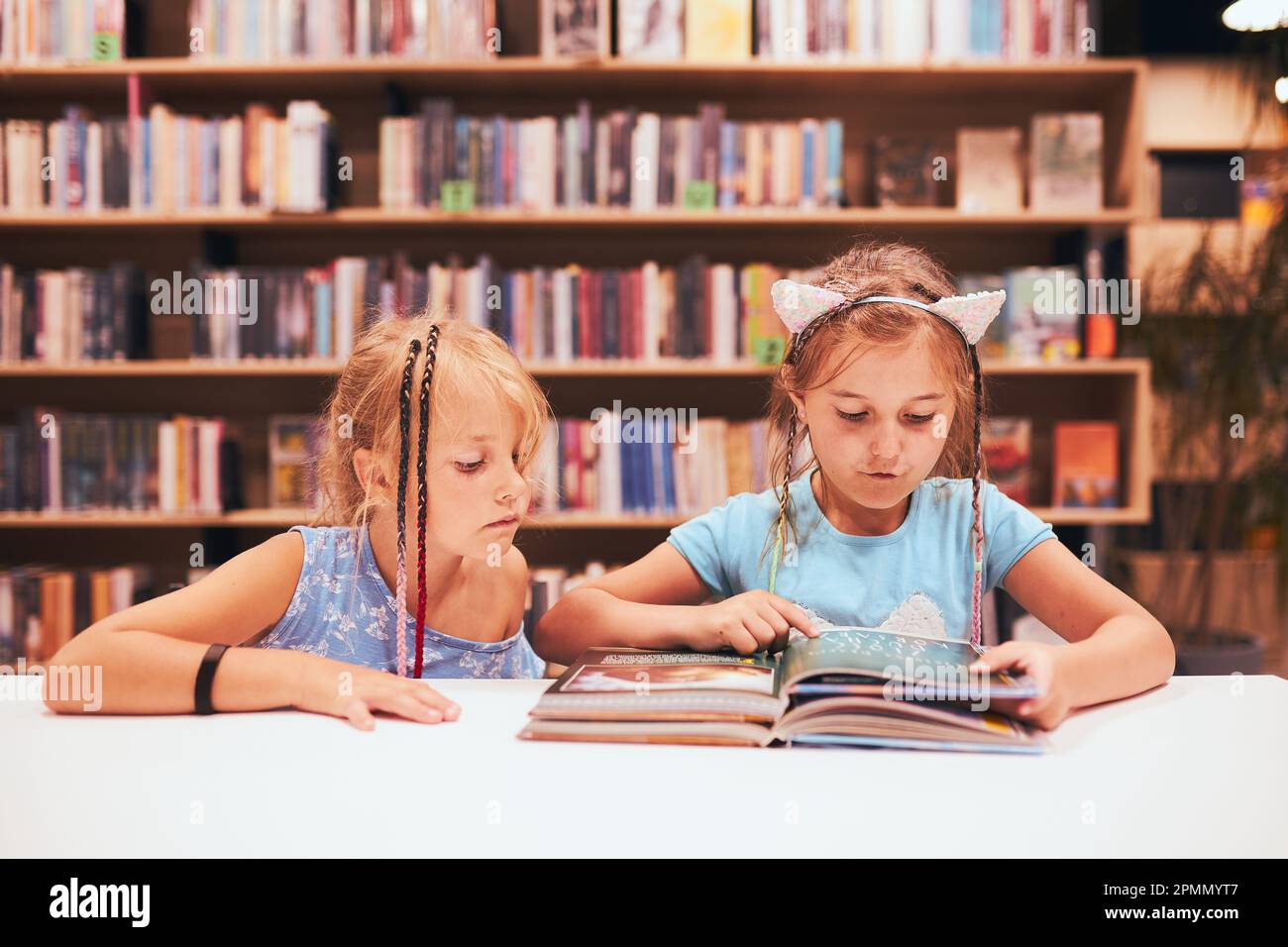 Two elementary schoolgirls doing homework in school library. Students ...