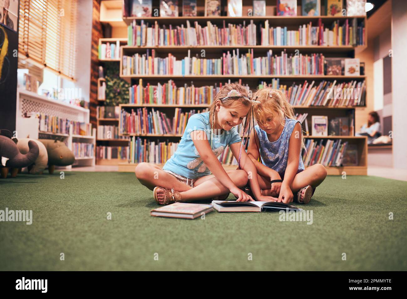 Two primary schoolgirls doing homework in school library. Students ...