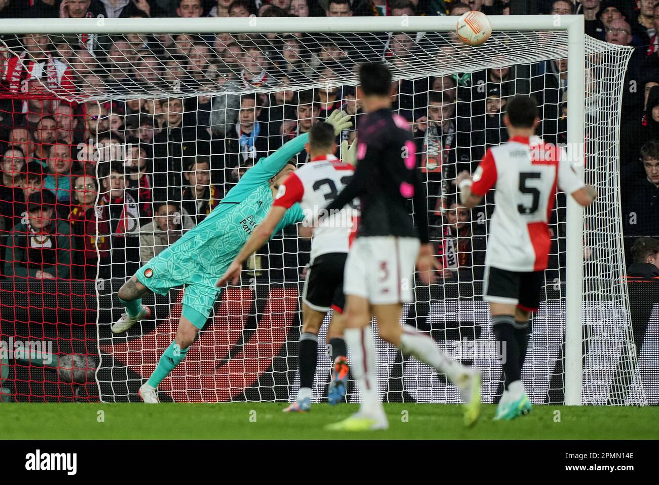 Rotterdam, Netherlands. April 13, 2023. Feyenoord keeper Justin Bijlow during the match between ...