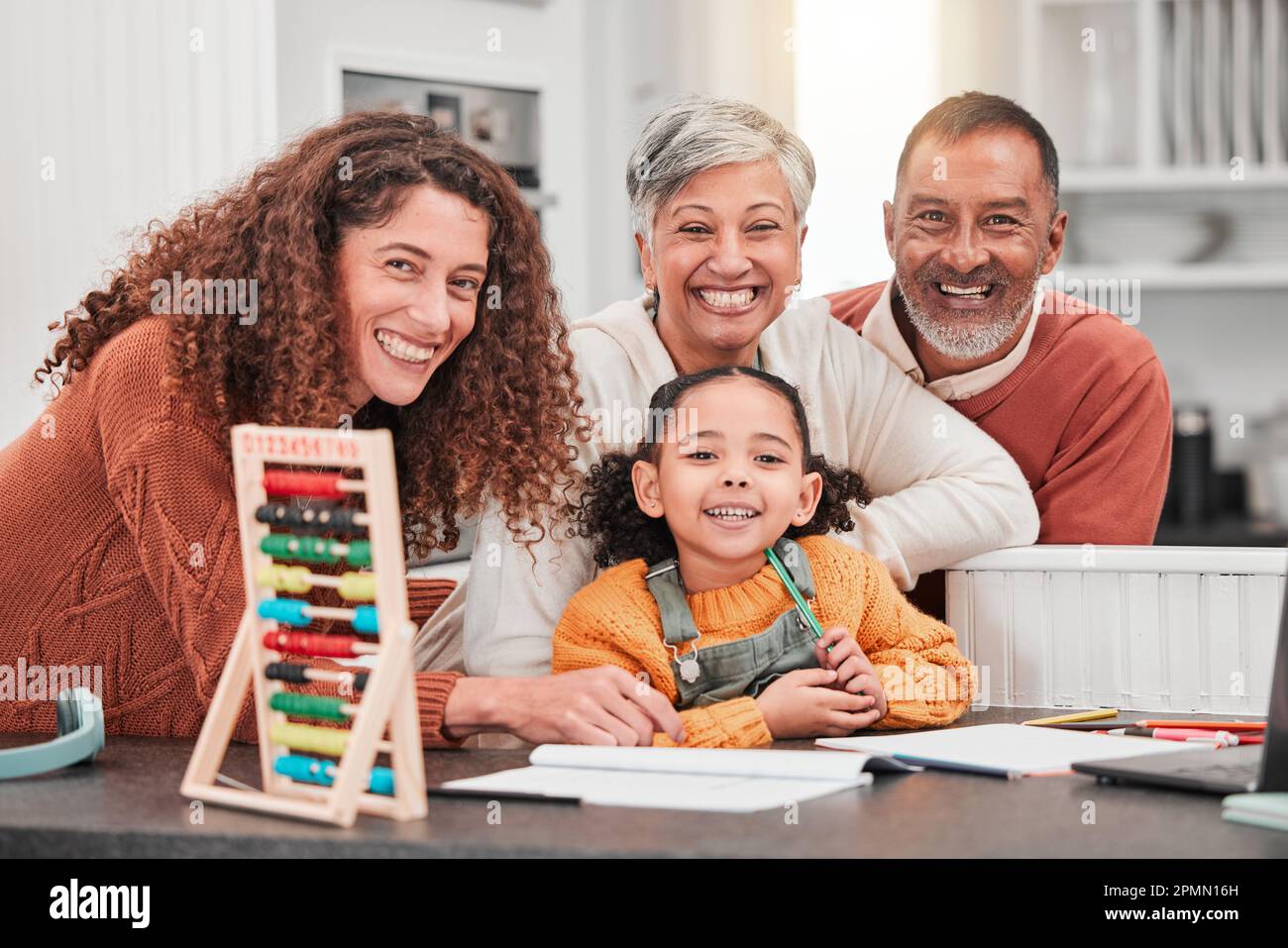 Education, homework and portrait of happy family with child for helping ...