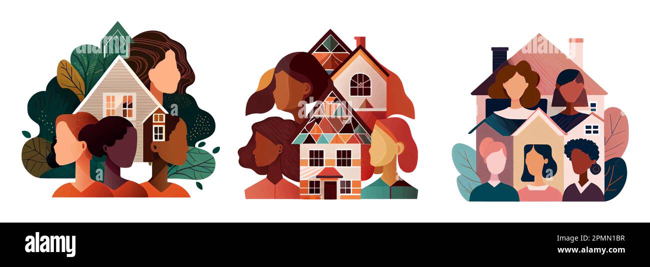 set vector illustration of family portrain ancestors near house ...