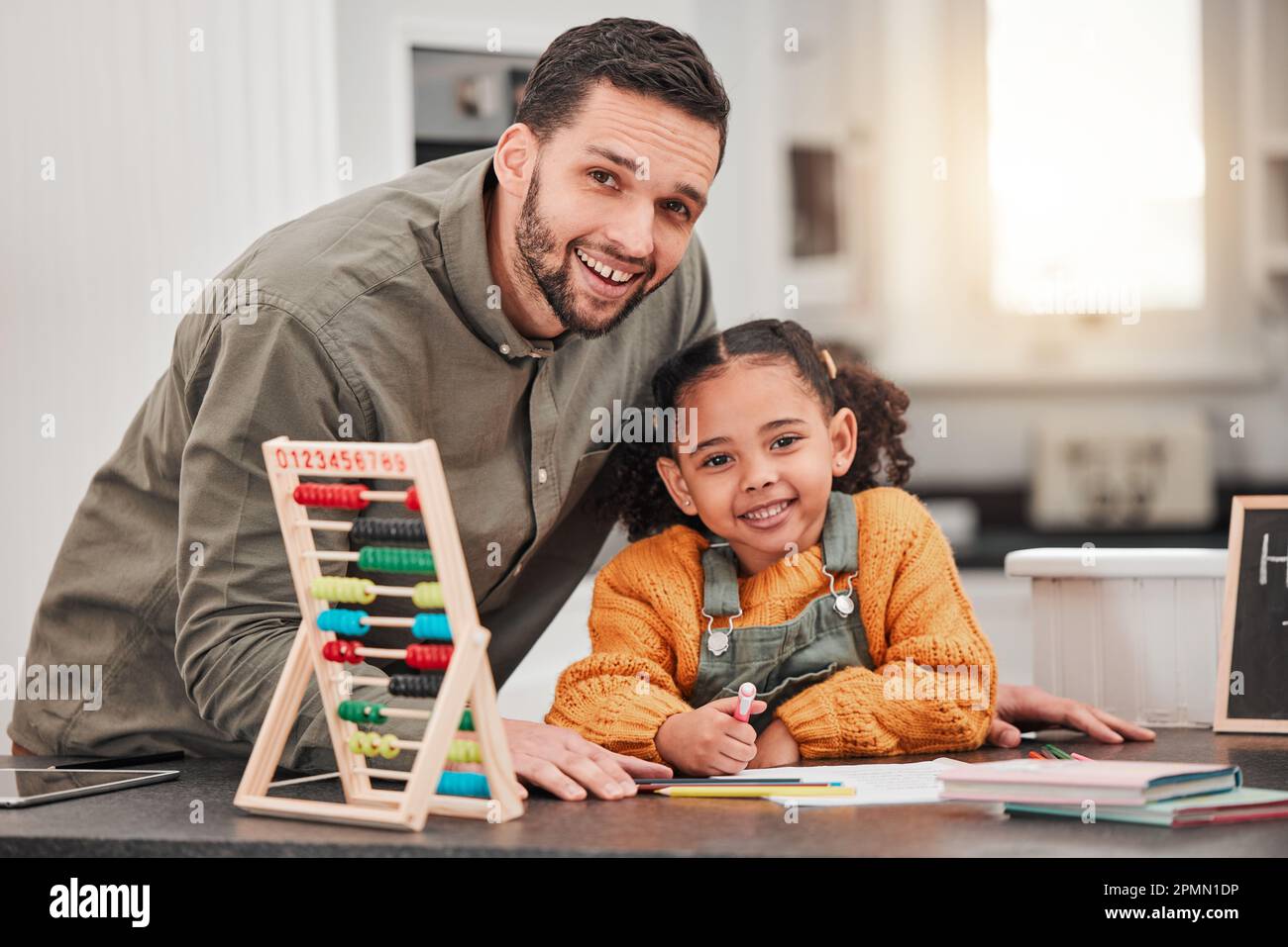 Education, homework and portrait of father with child for helping ...