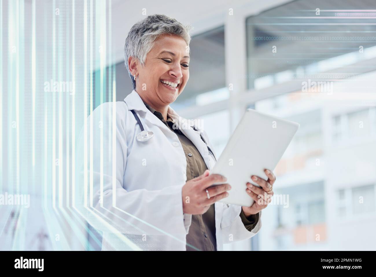 Tablet, research and happy healthcare doctor with futuristic overlay ...