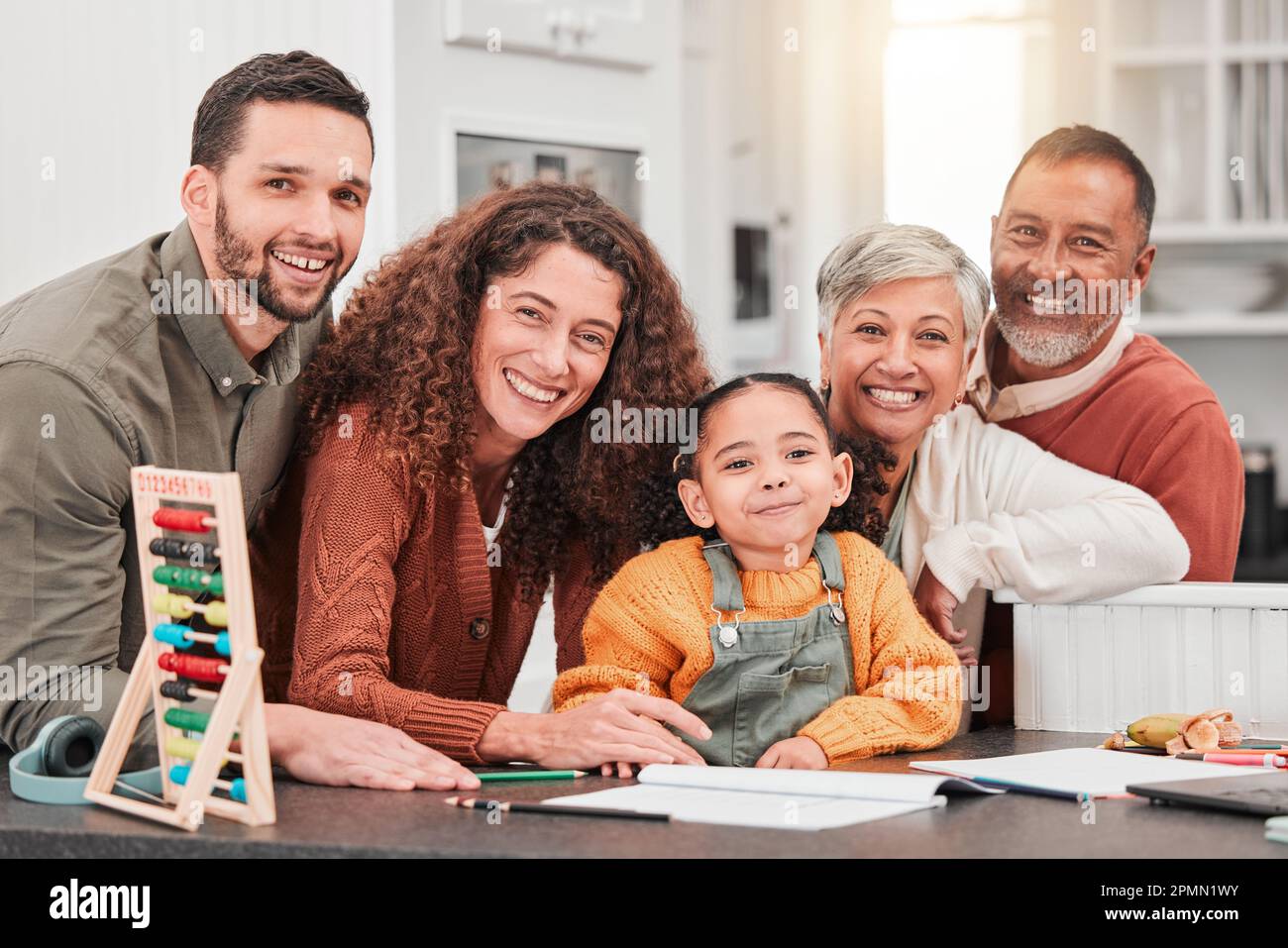 Education, homework and portrait of family with child for helping ...