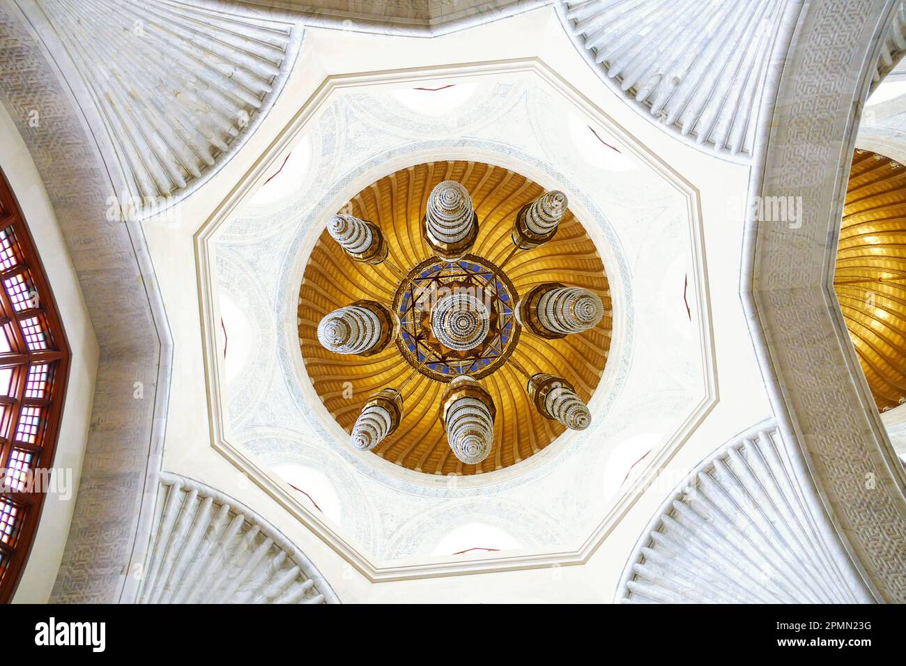 The ceiling with beautiful chandelier close-up of an mosque indoor in ...