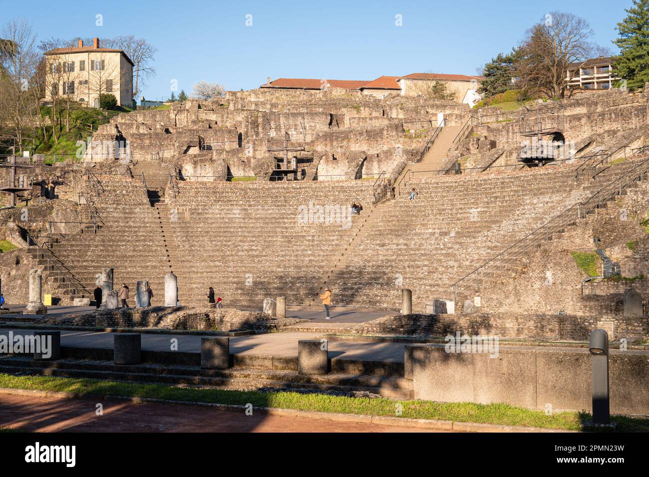 France, Lyon, 2023-04-05. Gallo-Roman remains with the columns aligned ...
