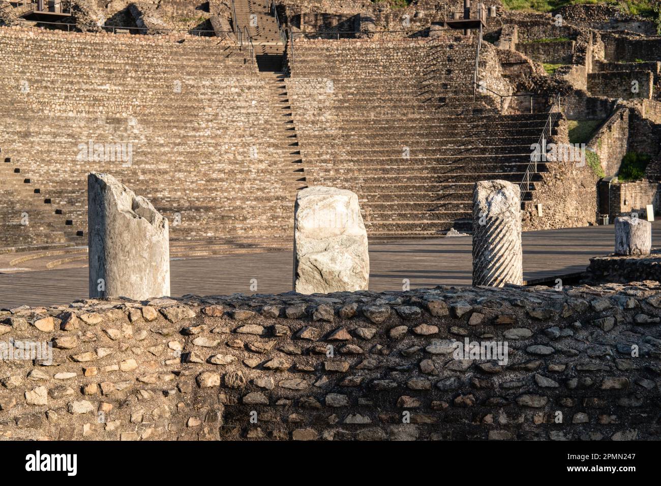 France, Lyon, 2023-04-05. Gallo-Roman remains with the columns aligned ...