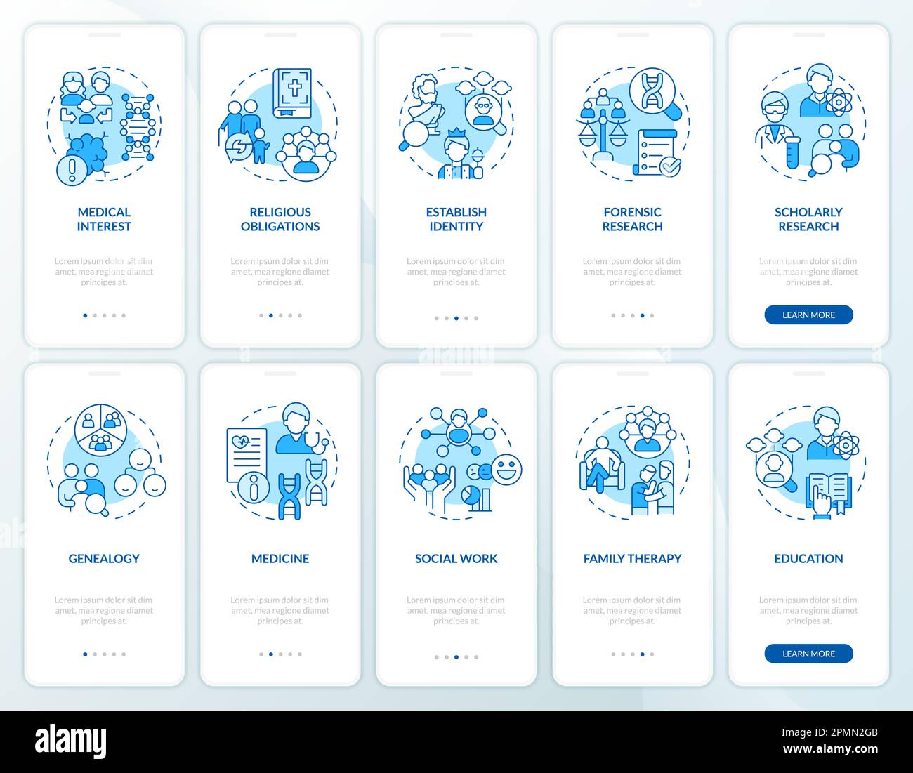 Family tree usage blue onboarding mobile app screen set Stock Vector ...