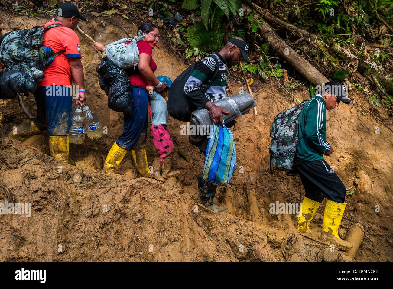 Migrants from Ecuador and Haiti climb down a muddy hillside trail in ...
