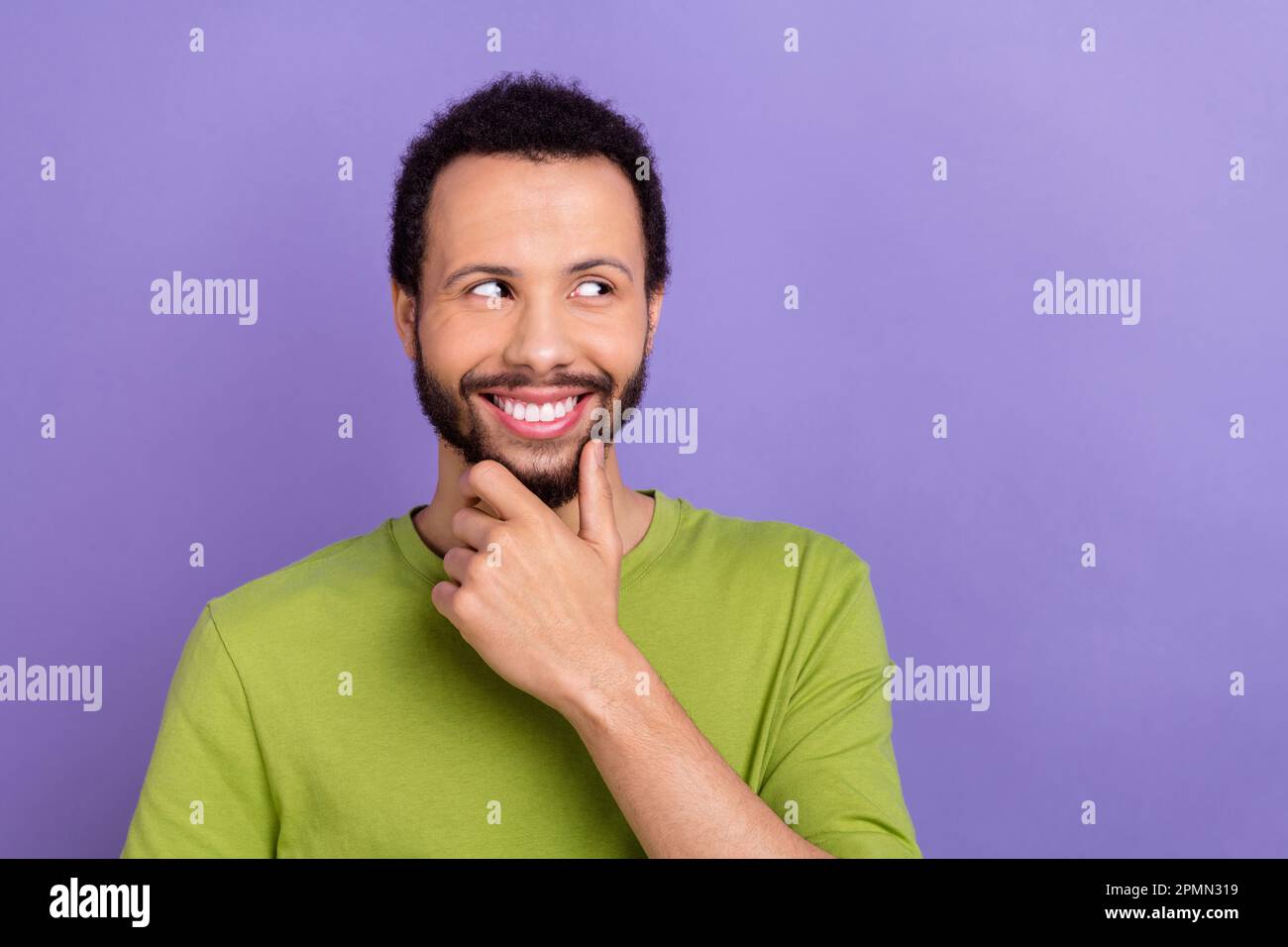 Portrait of minded cheerful person arm touch chin beaming smile look ...