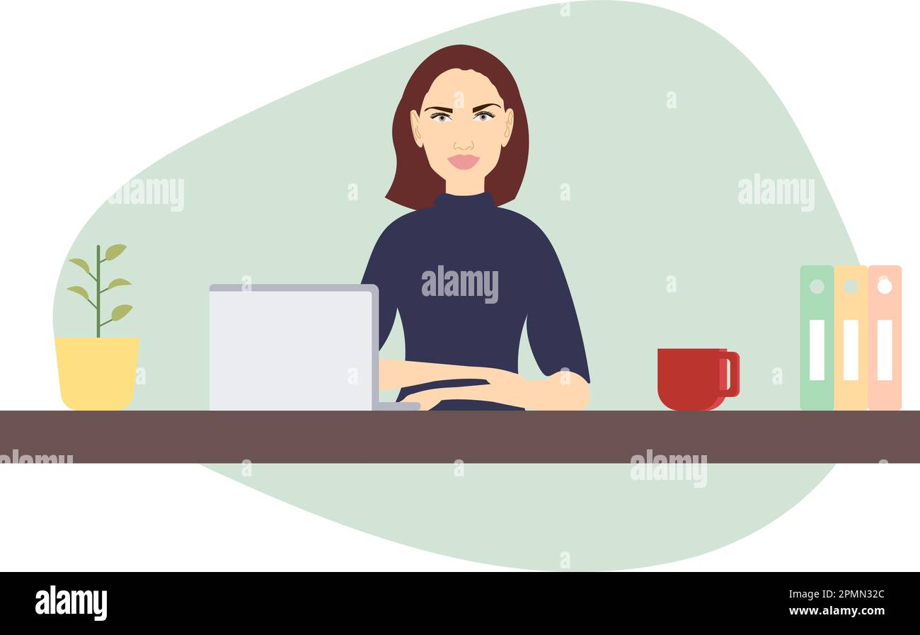 Busy Young Woman Sitting at the Desk with Laptop, Cup and Folders ...