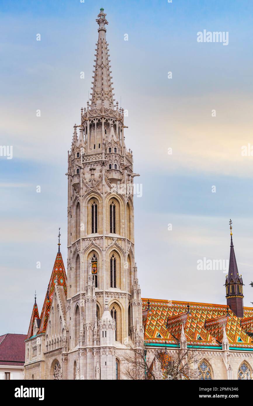Towers of Matthias Church in Budapest, Hungary on the sunset sky ...