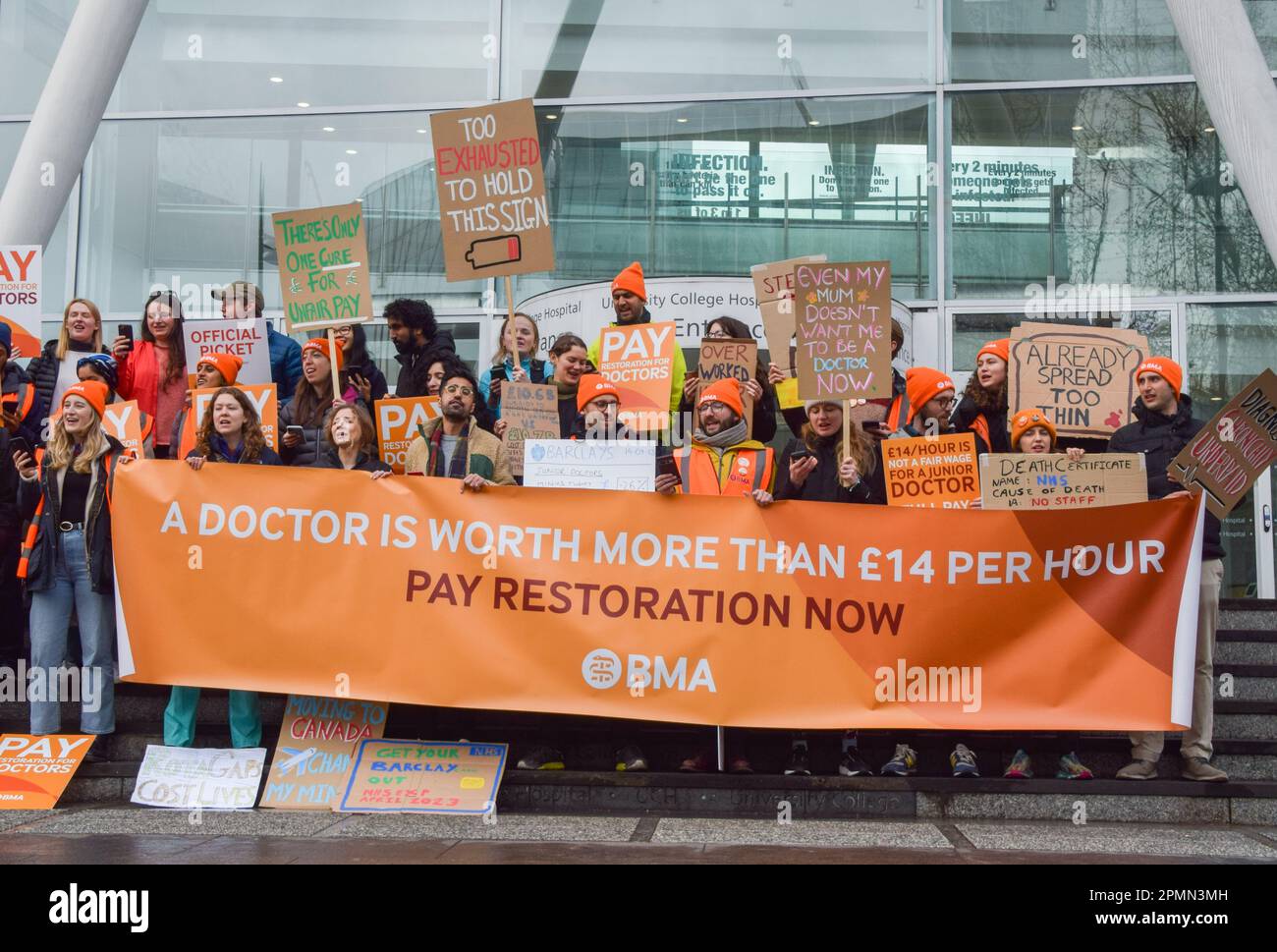 London, UK. 14th April 2023. Junior doctors stand at the British ...