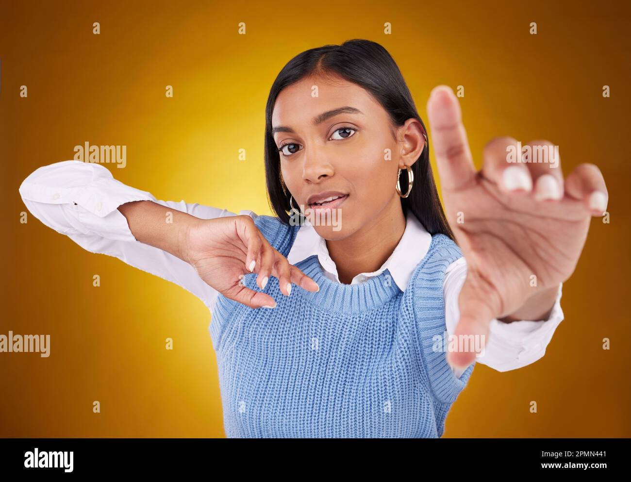 Selfie hand, woman and portrait in studio isolated on a brown ...