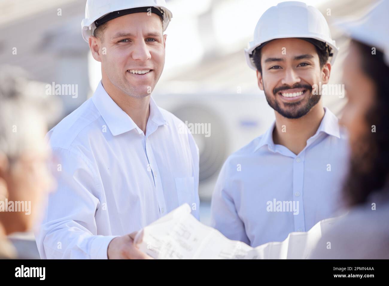 Portrait, construction site or engineering people with blueprint for ...