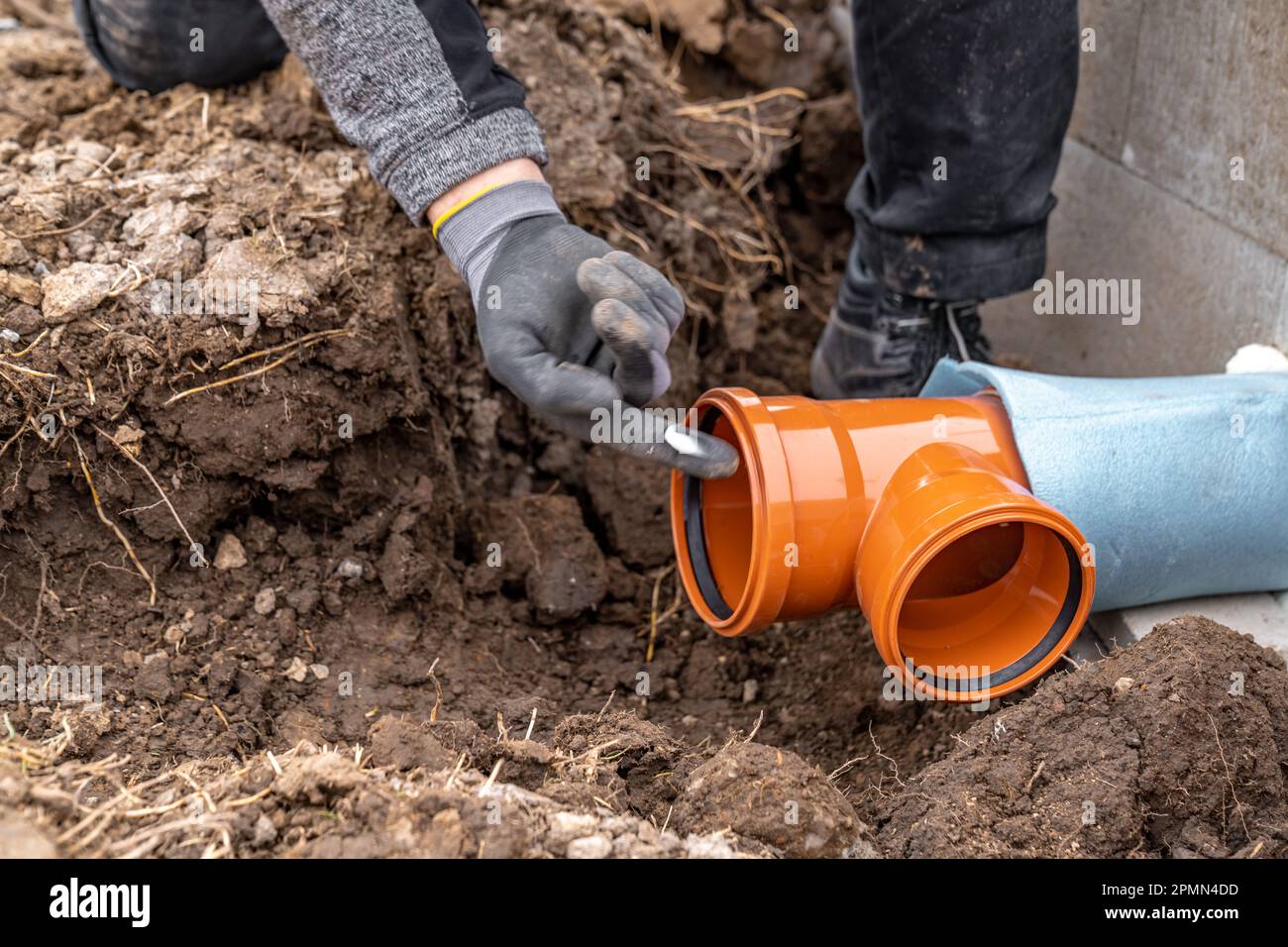 plastic pvc waste sewer pipe in the ground. construction site Stock ...