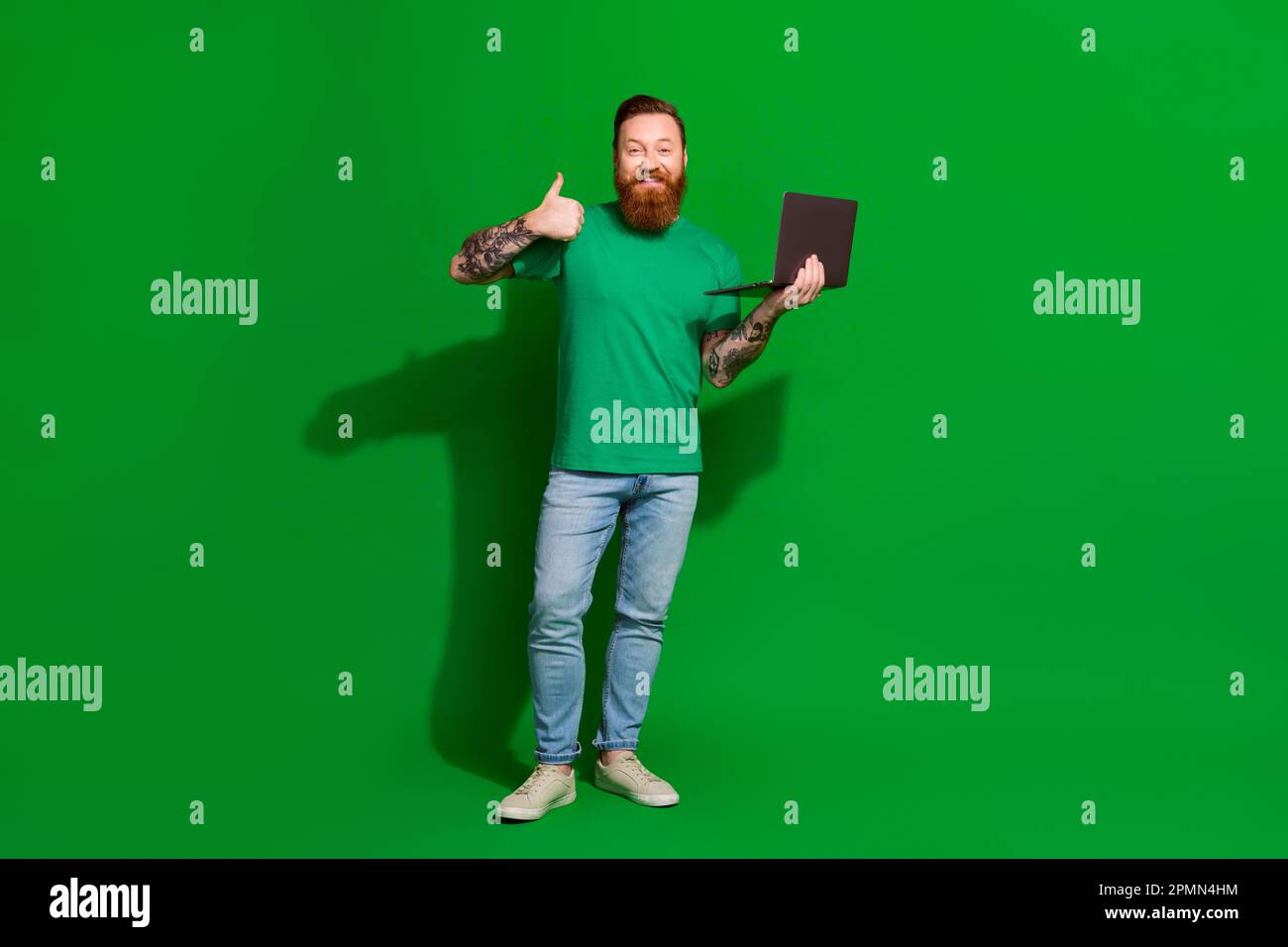 Full Length Photo Of Cool Confident Man Wear T Shirt Showing Thumb Up