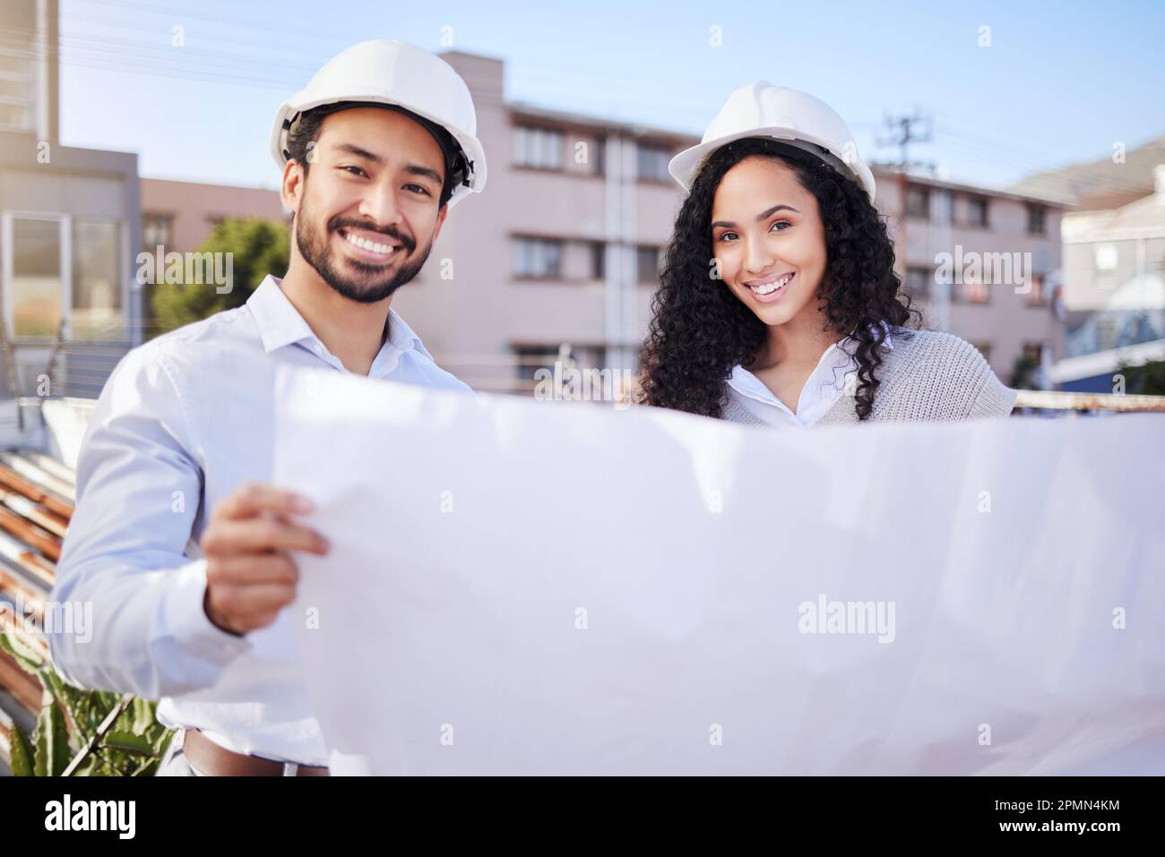 Blueprint, construction site or engineering people portrait in ...