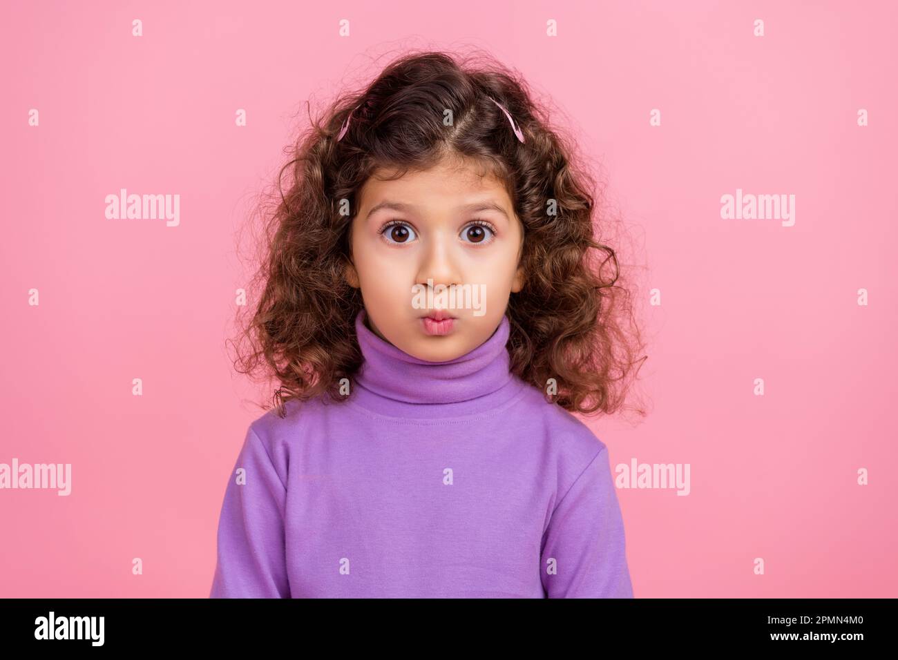 Photo of impressed funky little child dressed purple pullover sending ...