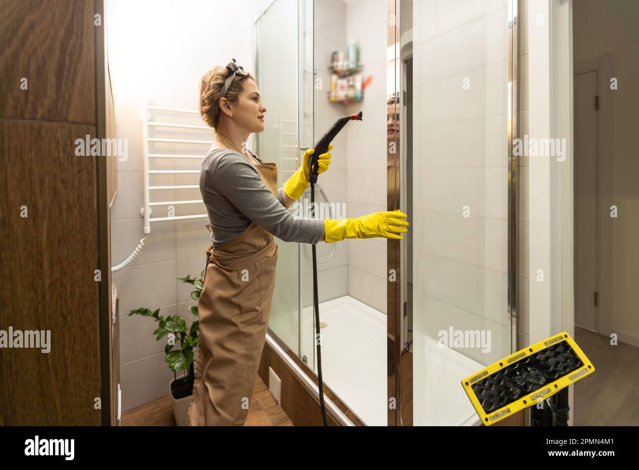 wet cleaning the bathroom with a steam cleaner Stock Photo - Alamy