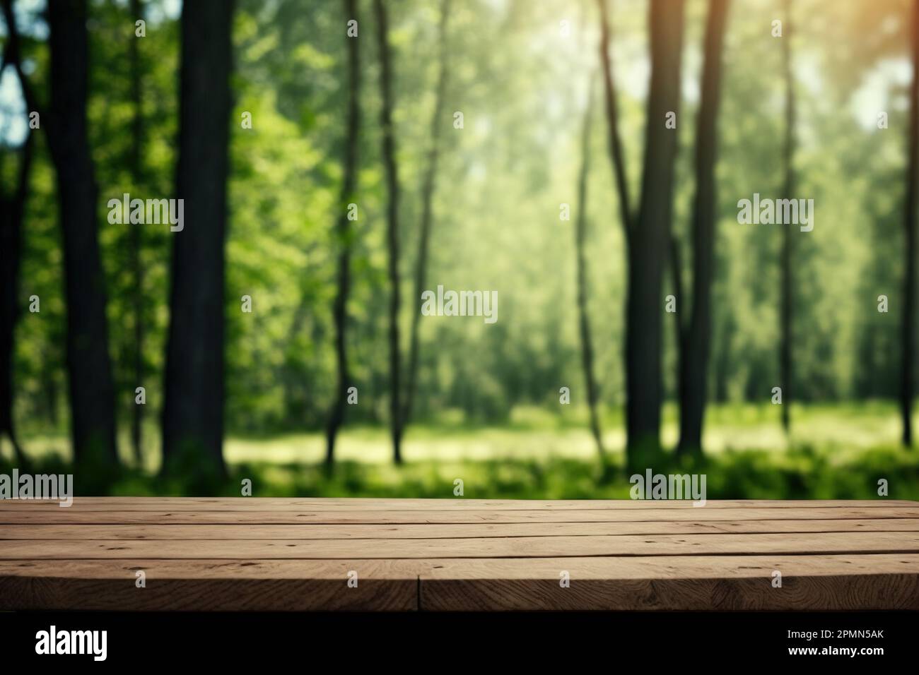 Empty wooden table surface with copy space, green forest background ...