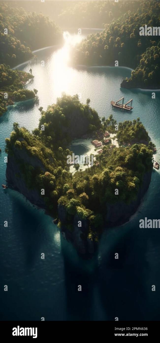 Top view of isolated rocky tropical island with turquoise water and ...