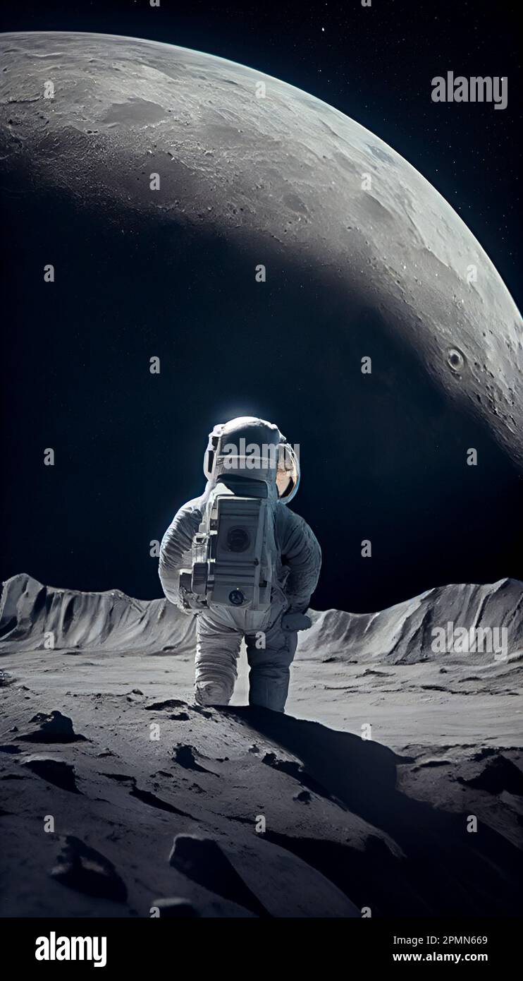 Astronaut sat on the lunar surface observing the universe. Cosmonaut ...
