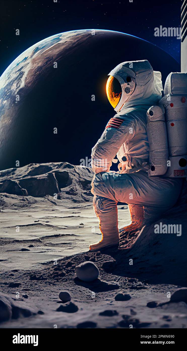 Astronaut sat on the lunar surface observing the universe. Cosmonaut ...