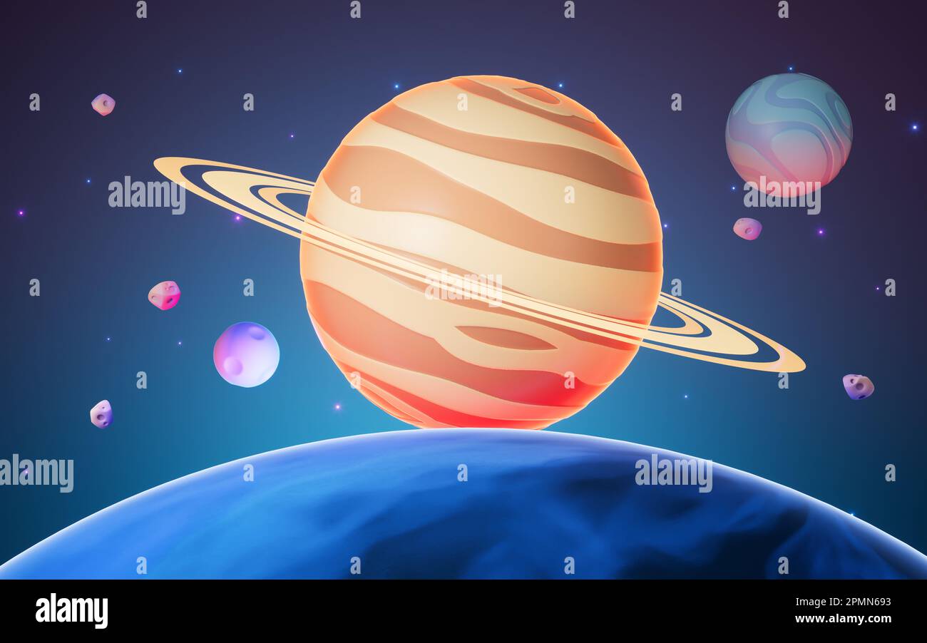 Cartoon style planet in the outer space, 3d rendering. Digital drawing ...