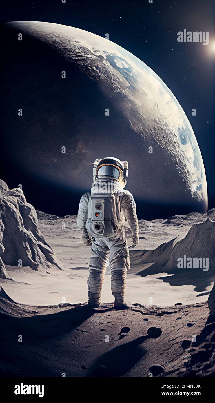 Astronaut sat on the lunar surface observing the universe. Cosmonaut ...