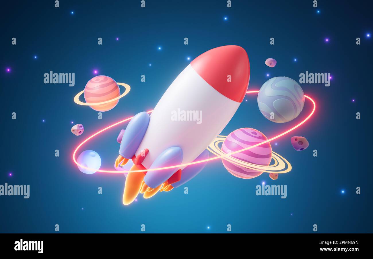 Rocket and outer space, 3d rendering. Digital drawing Stock Photo - Alamy