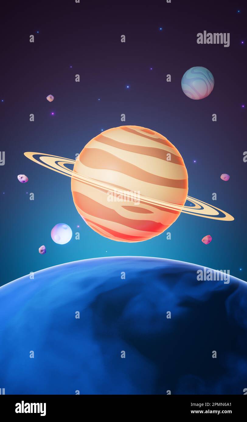 Cartoon style planet in the outer space, 3d rendering. Digital drawing ...