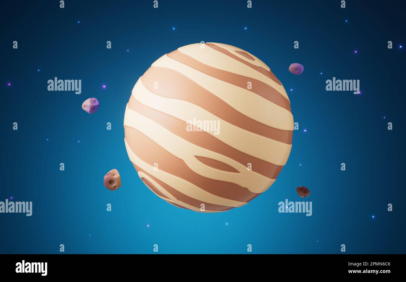 Cartoon style planet in the outer space, 3d rendering. Digital drawing ...