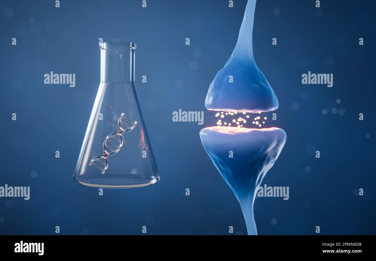 Synapse of neuron cell, biology concept, 3d rendering. Digital drawing ...