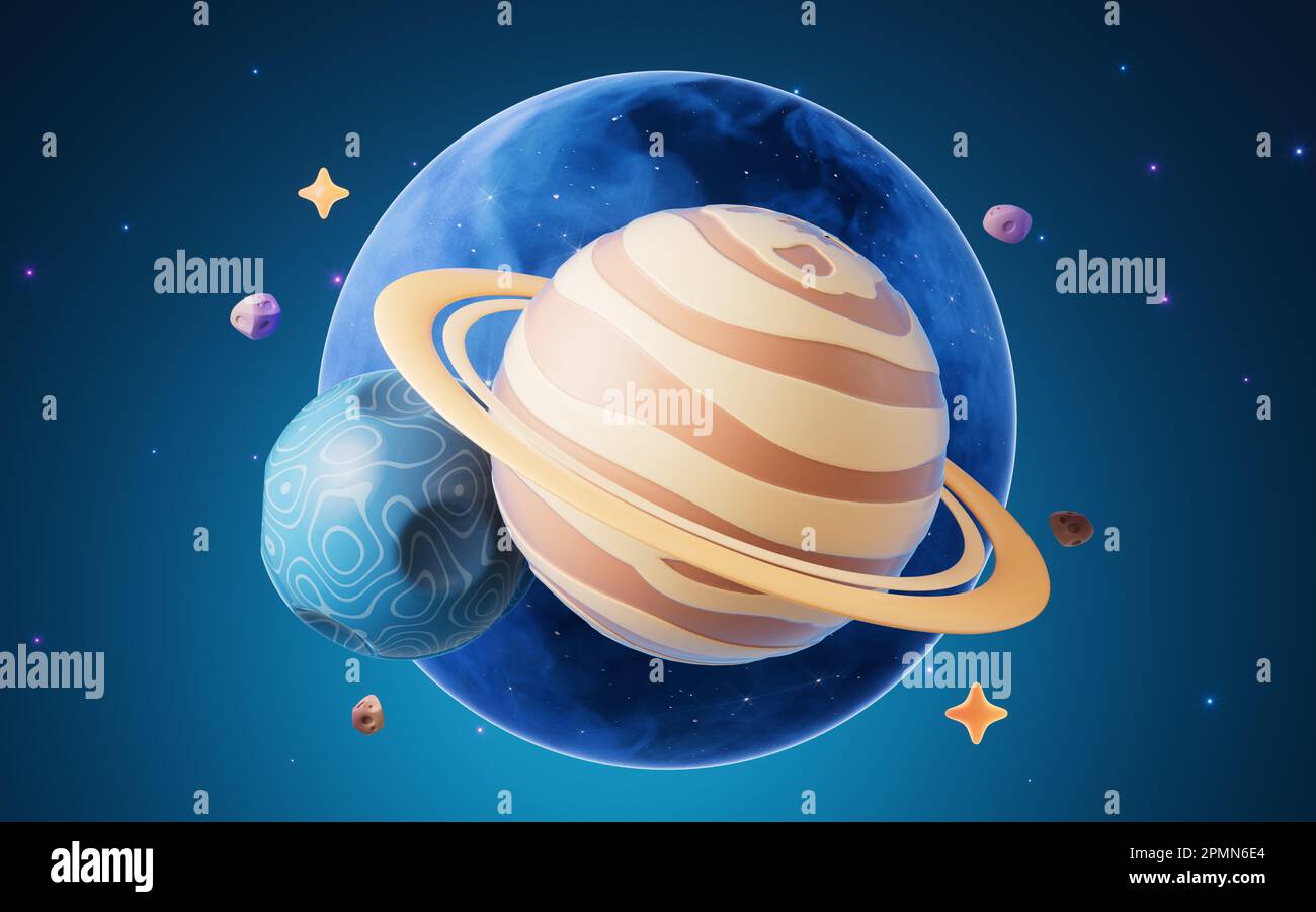 Cartoon style planet in the outer space, 3d rendering. Digital drawing ...