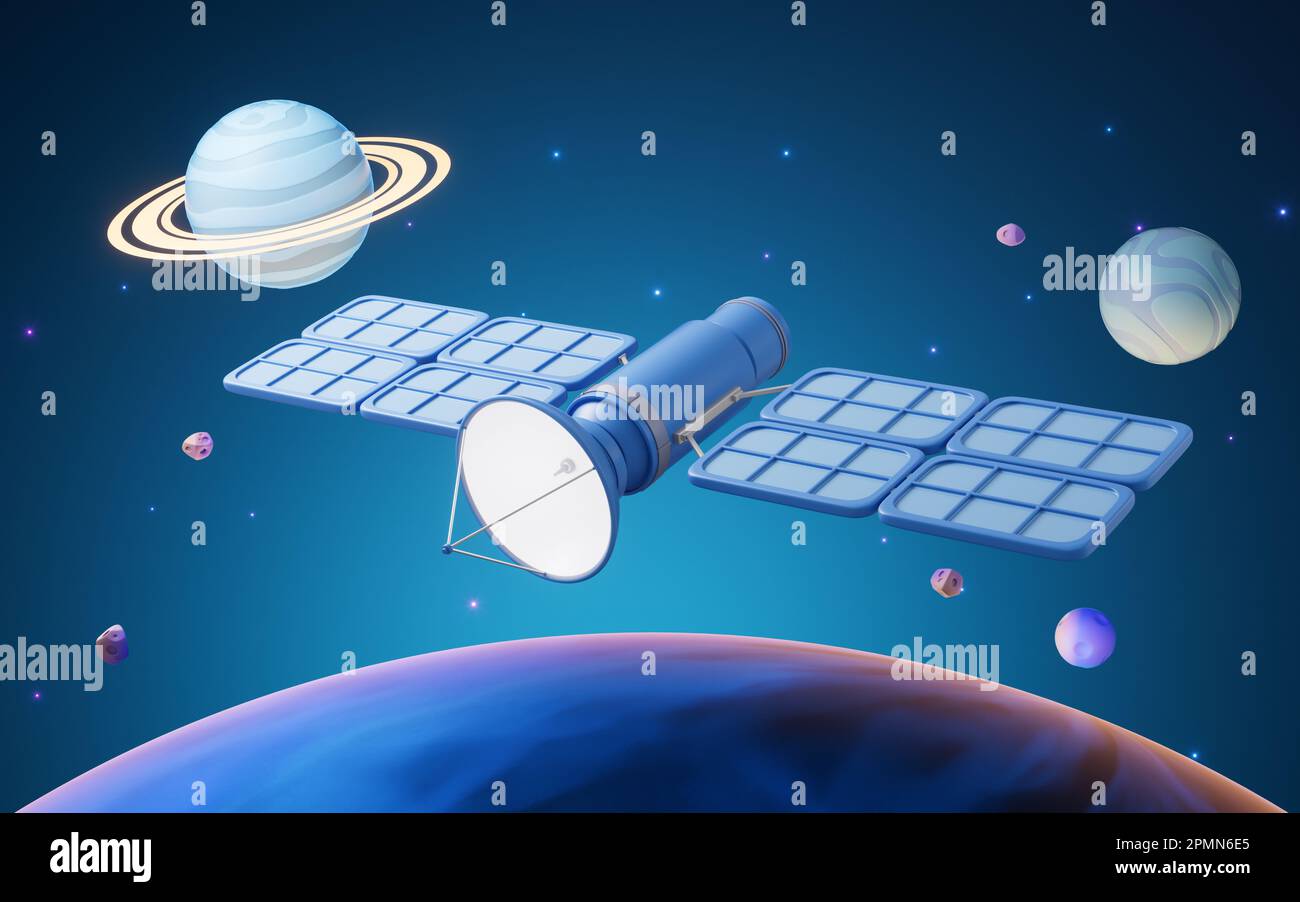 Satellite in outer space with cartoon style, 3d rendering. Digital ...
