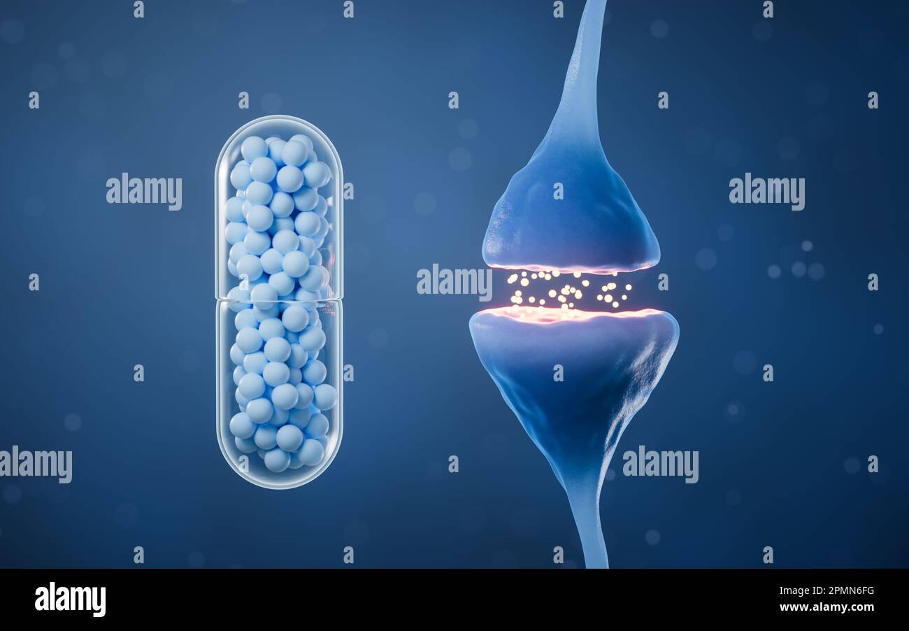 Synapse of neuron cell and capsule, 3d rendering. Digital drawing Stock ...